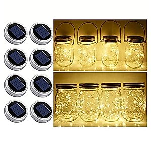 Solar Mason Jar Lid String Lights, 8 Pack 20 Led String Fairy Star Firefly Jar Lids Lights (Jars Not Included), for Mason Jar Patio Garden Wedding Lantern Table Decoration（ No Hangers（Warm White）