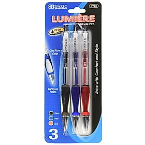 BAZIC Lumiere Asst. Color Retractable Oil-Gel Ink Pen w/ Grip (3/Pack) (1778)
