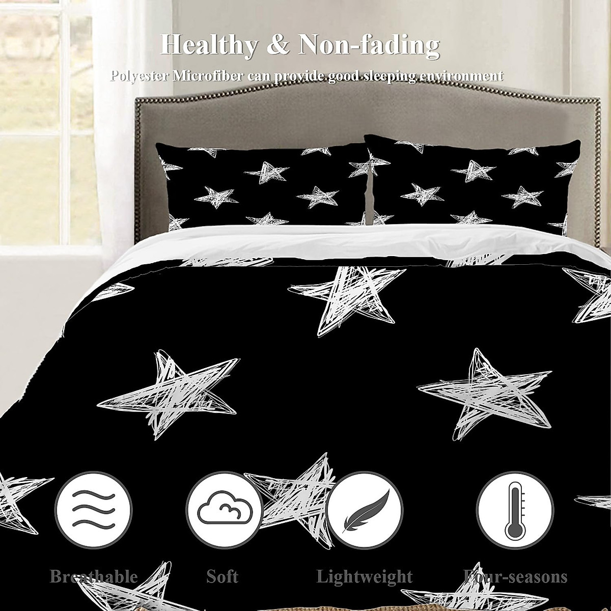 Shrahala Stars Star Black White Duvet Cover Set Queen Size, Chalkboard Stars 3 Pieces Soft Brushed 100% Cotton Duvet Covers with Button Closure, 1 Duvet Cover 90x90 inches and 2 Pillow Shams