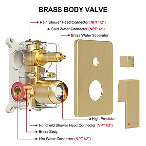 Holispa Gold Shower System, Shower Faucet Set with 10-Inch Rain Shower Head and Handheld, Wall Mounted High Pressure Shower Head Set, Shower Combo Set with Shower Valve and Shower Trim, Brushed Gold