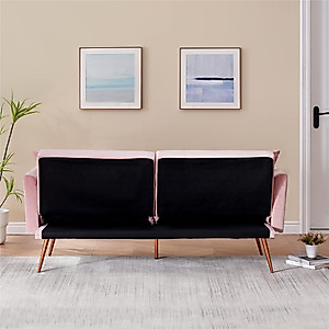 PBOGHLRD Convertible Velvet Futon Sofa, Folding Loveseat Sofa with Throw Pillow and Midfoot, Small Sleeper Couch Bed for Living Room, Bedroom, Home Office (Pink)