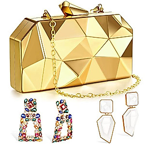 Women's Lattice Pattern Metal Handbag Gold Geometric Evening Clutch Rhinestone Rectangle Dangle Earrings Colorful Crystal Geometric Statement Earrings