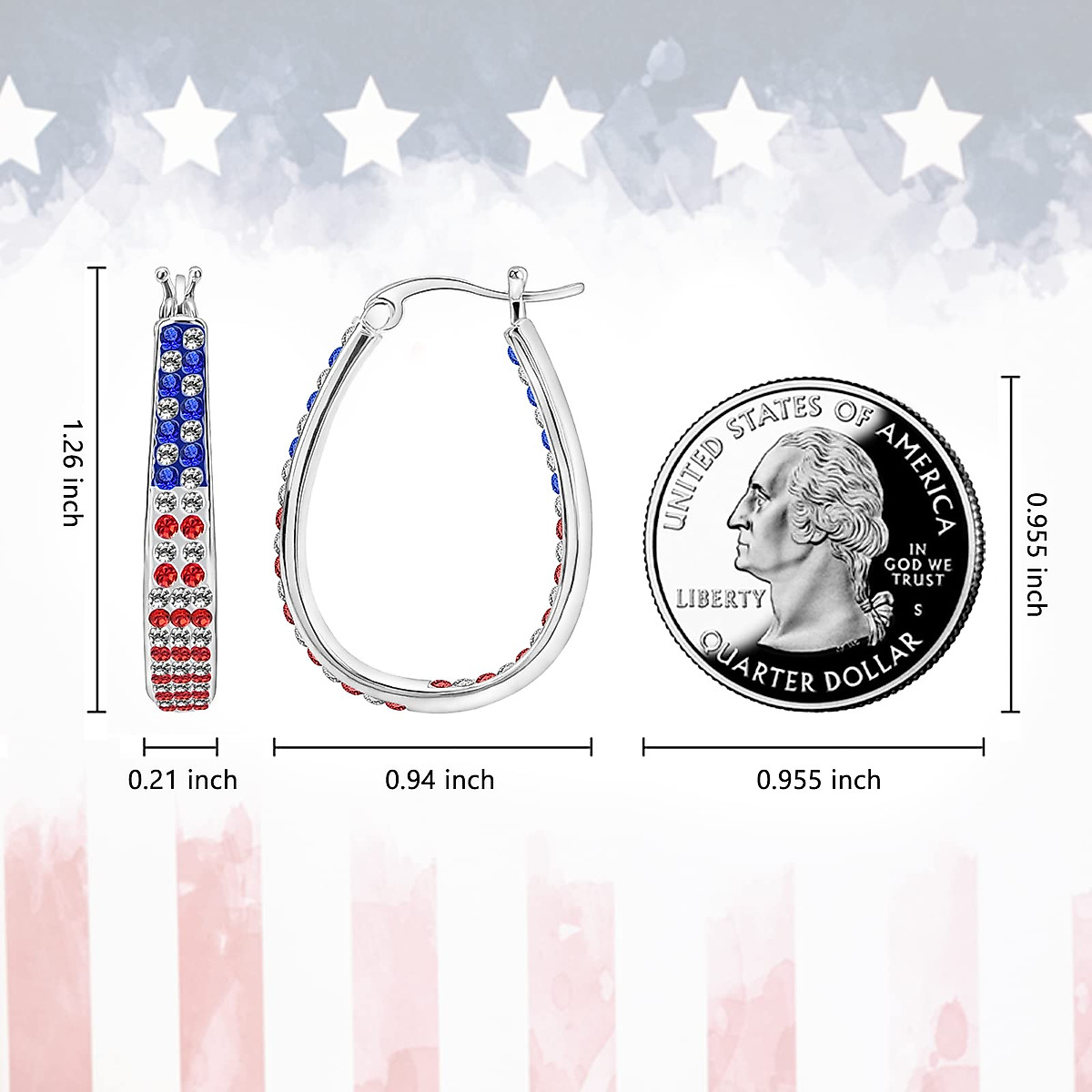 Silver Plated Oval Inside Out Crystal Hoop Earrings For Women Patriotic Earrings Fashion Jewelry