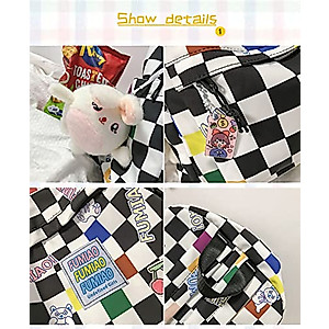 Nouflux Kawaii Backpack for Girls School Cute Backpack with Doll Checkerboard Backpack Teen Girls(Black)