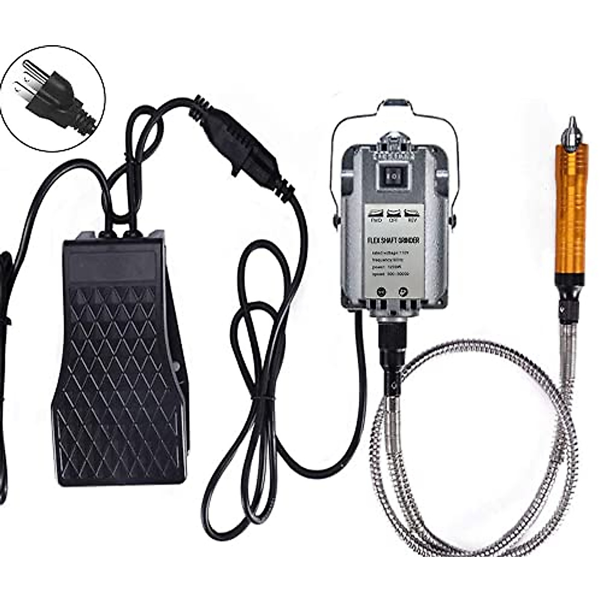 VOTOER 1200W Flex Shaft Grinder Rotary Tool Electric Hanging Carver, Forward and Reverse Rotation, Metalworking Jewelry Repair Kit, Foot Pedal Control, Metal Flexible Shaft, with Spare Inner Shaft