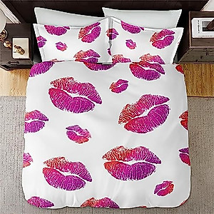 Duvet Cover Queen Size, Red Pink Sexy Makeup Bedding Set with Zipper Closure for Kids and Adults, Woman Valentine Purple Comforter Cover with 2 Pillow Shams for Bedroom Bed Decor