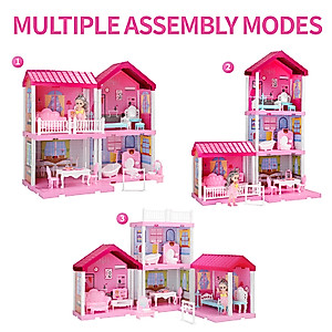 TEMI Villa Toys for 3 4 5 6 7 8 Years Old Girls - 2 Storeys 4 Rooms, Indoor Playset with 2 Dolls Toy Figures, Toys Furniture and Accessories, Pretend Girls Plays, Building Toys, Gifts Toy