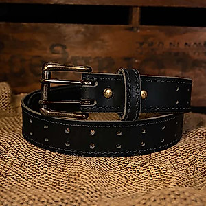 Men’s Classic Leather Belt, Double Prong Retro Style, Antique Brass Buckle, 1 ½” Width, Amish handmade in the USA (Vintage Brown, 34")