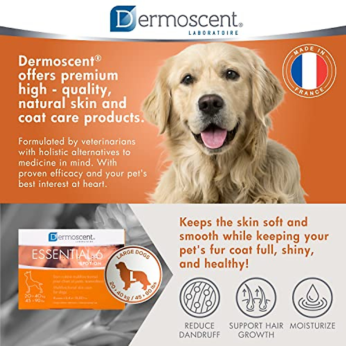 Dermoscent Essential 6 spot-on - Dog Skin Care for Dandruff & Allergy Relief with Vitamin E Oil - Anti Itch for Dogs - Natural Ingredients for Sensitive Skin - Dogs 20-40 kg - 4 Pipettes of 2.4 ml