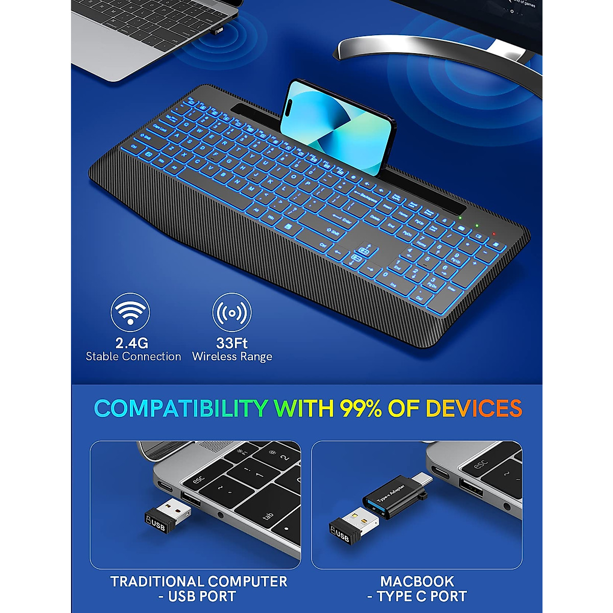 Wireless Keyboard with 7 Colored Backlits, Wrist Rest, Phone Holder, Rechargeable Ergonomic Computer Keyboard with Silent Keys, Full Size Lighted Keyboard for Windows, Mac, PC, Laptop (Black)