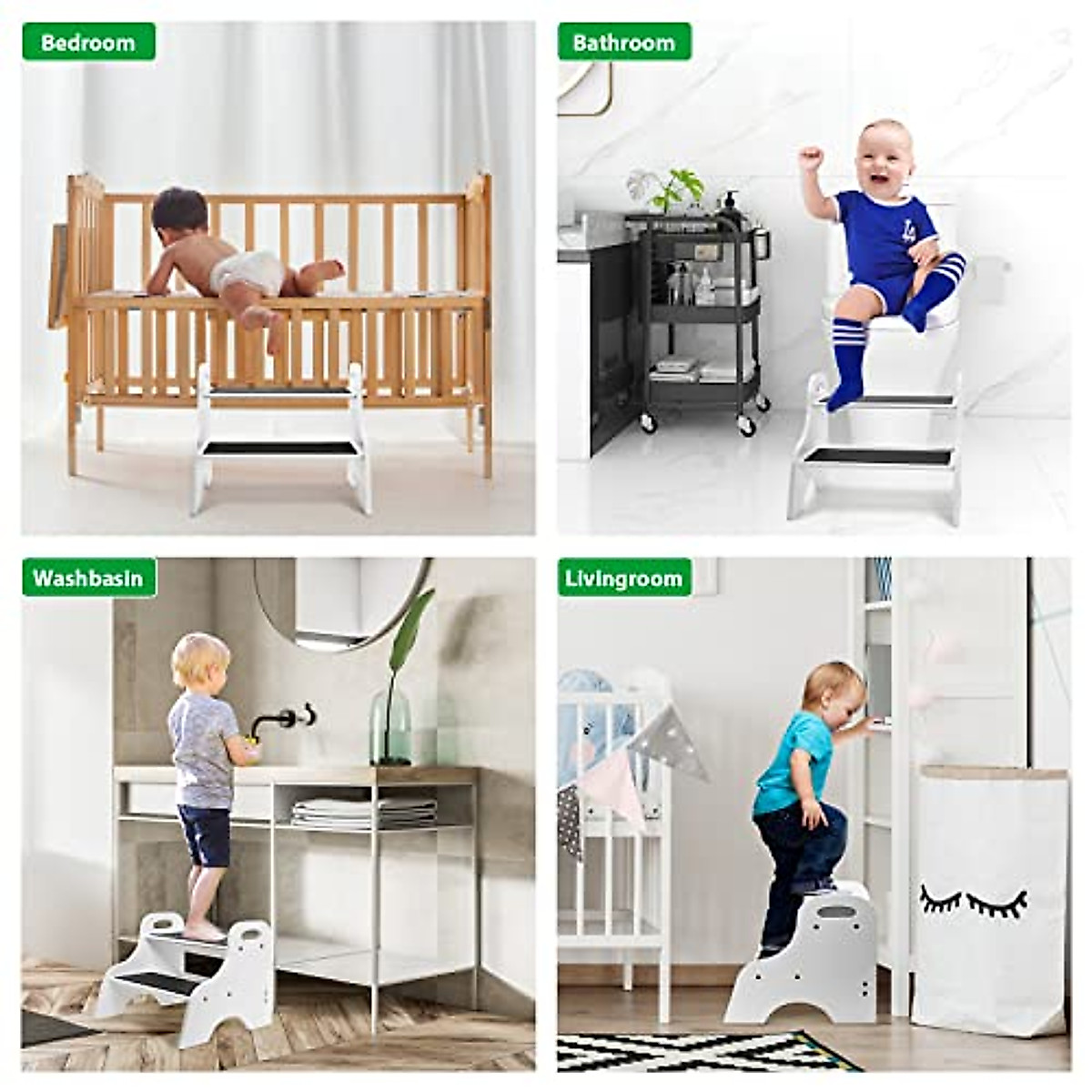 Ollieroo Bamboo 2 Step Stool, Heavy Duty Kids Step Stool with Non-Slip Stepping Surface, Stepping Stool for Kids Adults, Toddler Step Stool for Bathroom Sink Kitchen Counter Bedside(White)