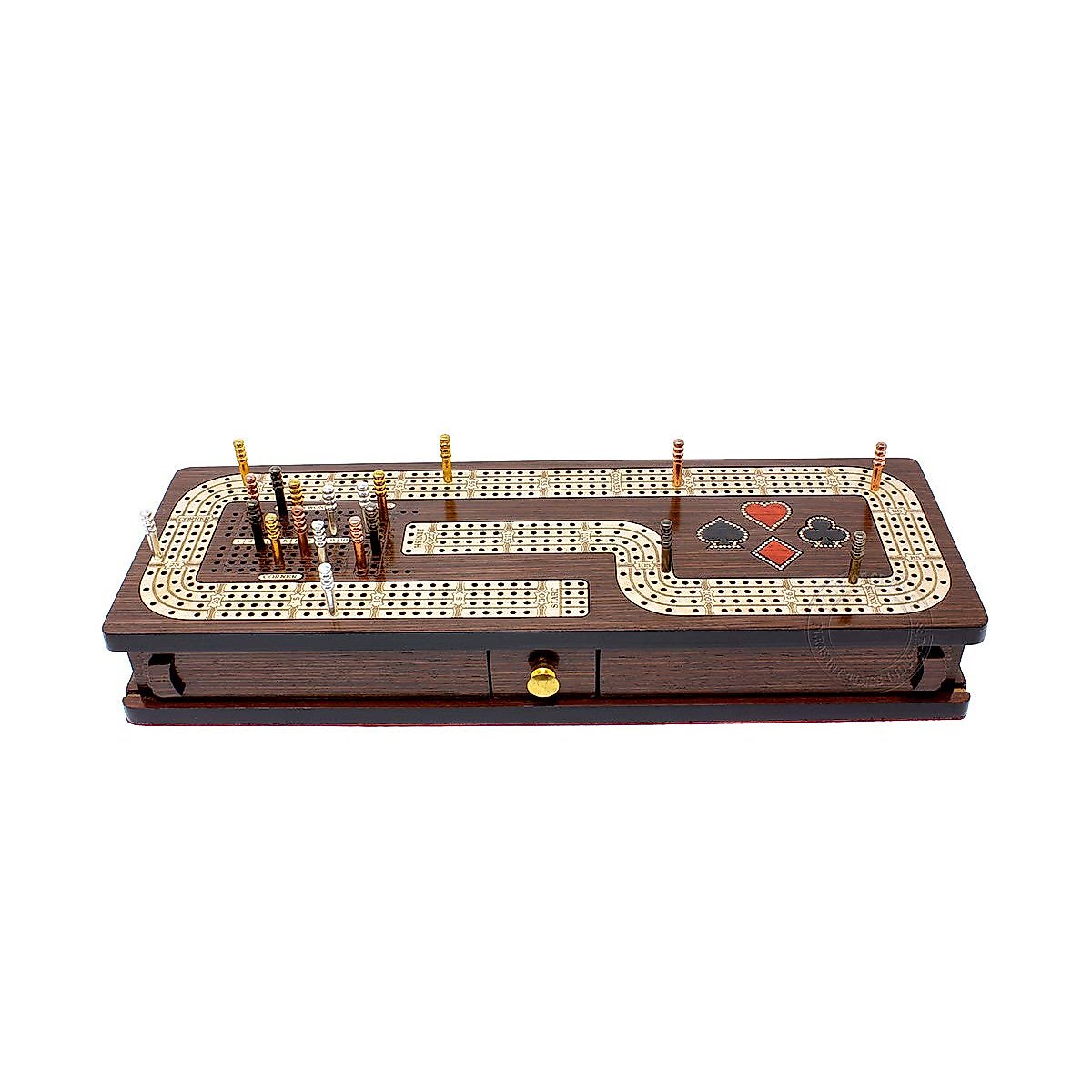 House of Cribbage - Continuous Cribbage Board/Box Inlaid in Wenge Wood/Maple : 4 Track - Cards & Pegs Storage Drawer with Score Marking Fields for Skunks, Corners and Won Games