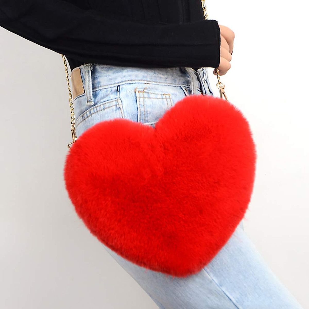 QZUnique Heart Shaped Handbag Women's Faux Fur Crossbody Bag Plush Wallet Purse Chain Shoulder Bag