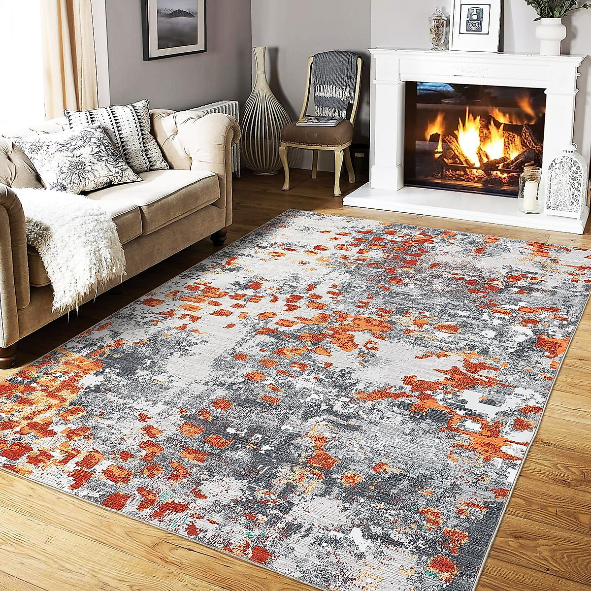 GarveeHome Area Rug 10x13 Machine Washable Rug Modern Abstract Rug for Living Room Non Slip Non Shedding Indoor Floor Cover Accent Rug for Living Room Bedroom, Orange/Grey