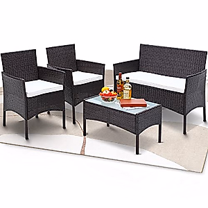 Mr IRONSTONE 4 Pieces Patio Furniture Set, Outdoor 2 Rattan Chairs Wicker Sofa with Tempered Glass Side Table and Soft Cushions, Outdoor Conversation Sets for Patio, Lawn, Garden, Poolside, Balcony