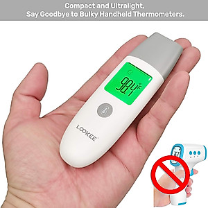 LOOKEE Petite Infrared Touchless Forehead Thermometer for Adults and Kids | Baby Thermometer with Fever Alarm | 3-In-1 No Touch Medical Digital Thermometer with Memory of 35 Readings | Battery & Pouch