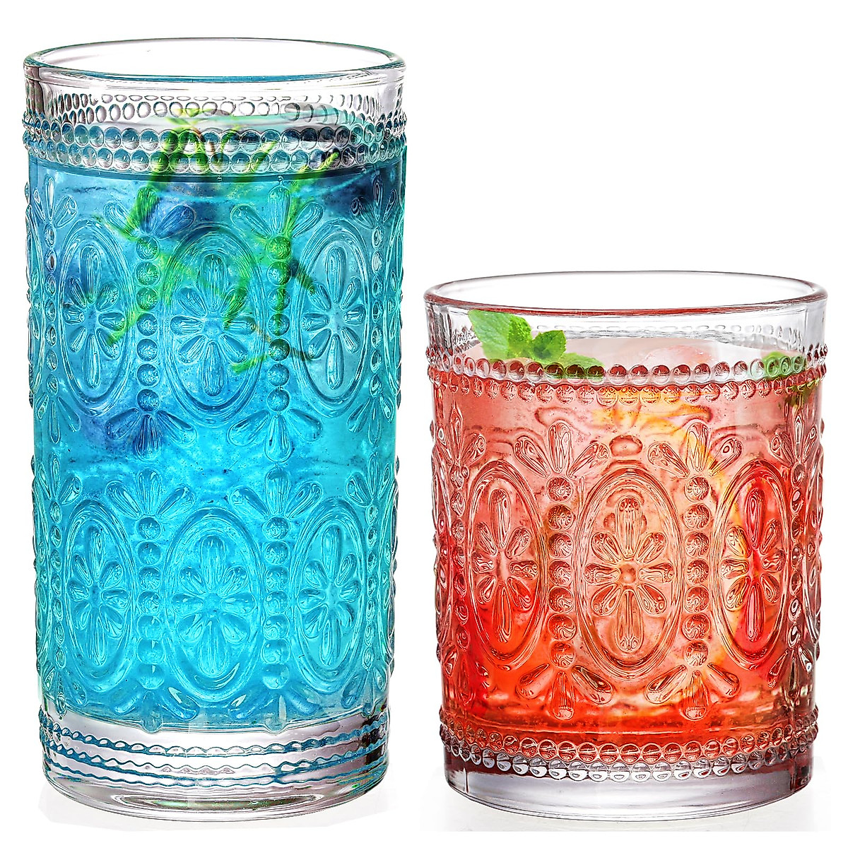 Bekith 8 Pack Drinking Glasses, 4 Highball Glasses (12 oz) and 4 Rocks Glasses (10oz), Romantic Water Glasses Tumblers, Vintage Glassware Set for Beverages, Beer, Juice, Cocktail