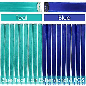 XIRANWEN 18pcs 21Inch Colored Hair Extensions Clip in/on Wig Pieces for Girls, Hairpieces Heat-Resistant Straight Party Highlight Multicolors Accessories Halloween Christmas Gift (Sapphire blue+Teal)