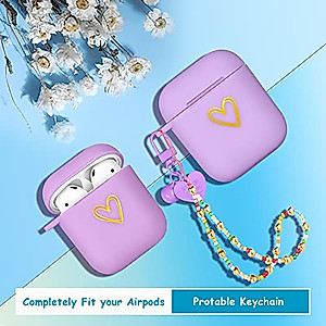 Besoar for Airpods 1st/2nd Generation Case Cute for Women Girls Girly Aesthetic Purple Heart Cases with Keychain Buckle for Airpod 1/2 Pretty Lovely Soft Silicone Cover Unique Design for Air Pods 1/2