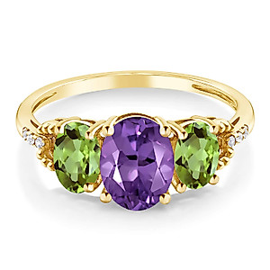 Gem Stone King 10K Yellow Gold Purple Amethyst and Green Peridot Engagement Ring For Women (2.19 Ct Oval Gemstone Birthstone) (Size 8)