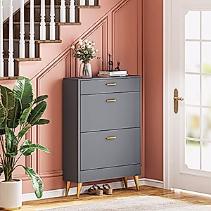 Tribesigns Shoe Cabinet, Modern Shoe Storage Cabinet with 2 Flip Doors and Drawer, Grey Narrow Shoe Organizer Rack for Entryway, Closet (Gray)