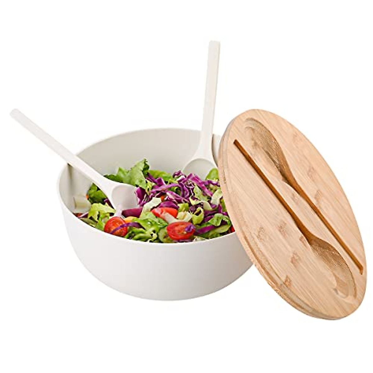 LOVYANXUE Bamboo Salad Bowl with Lid, 9.8Inches Large Salad Bowl with Lid Spoon Fork, Salad Mixing Bowls and 4 Small Bowls, Salad Serving Bowl Set for Salad, Fruits, Vegetables