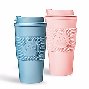 Neon Kactus - Double-Walled Coffee Cup, Reusable Coffee Cup with Resealable Lid, Food-Grade Silicone Seal and Sleeve, Insulated Coffee Tumbler, Super Sonic & Pink Flamingo, 16oz, 2pk