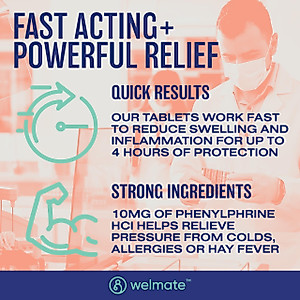 WELMATE | Nasal Decongestant PE | Phenylephrine HCl 10 mg | Maximum Strength | Sinus Relief | for Cold & Allergies | Non-Drowsy | Antihistamine | Pain Relief | Decongestants for Adults | 200 Tablets