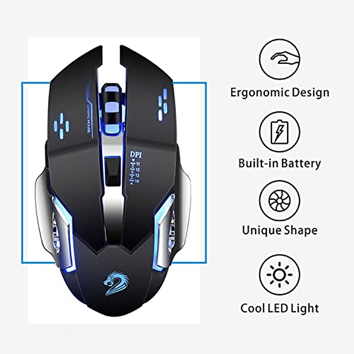 Uciefy T85 Rechargeable Wireless Mouse, 2.4G Ergonomic Silent Gaming Mice Portable Optical with USB Receiver, 3 Adjustable DPI, 6 Buttons LED Lights for Laptop/PC/Chromebook (Black)
