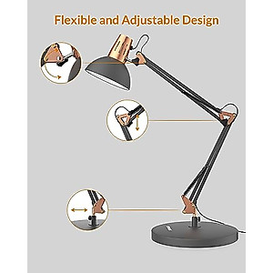 LEPOWER Metal Desk Lamp, Adjustable Goose Neck Architect Table Lamp with On/Off Switch, Swing Arm Desk Lamp with Clamp, Eye-Caring Reading Lamp for Bedroom, Study Room &Office (Sandy Black)