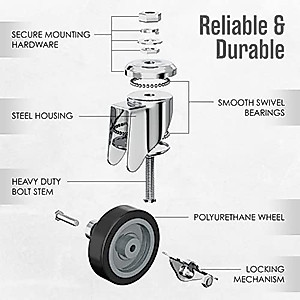 Houseables Caster Wheels, Casters, Set of 4, 3 Inch, (Screw Diameter 3/8"-16, Length 1.5"), Rubber, Heavy Duty, Threaded Stem Mount Industrial Castors, Locking Metal Swivel Wheel, for Furniture, Cart