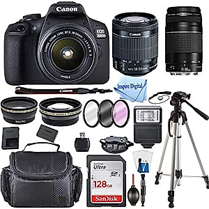 EOS 2000D / Rebel T7 DSLR Camera with EF-S 18-55mm + EF 75-300mm Daul Lens + SanDisk 128GB Memory Card + Tripod + Case + Wideangle Lenses + Inspire Digital Accessory Bundle (21pc Bundle) (Renewed)