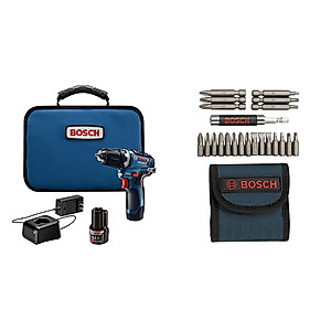 Bosch GSR12V-300B22 12V Max EC Brushless 3/8 In. Drill/Driver Kit & T4021 Screwdriver Bit Set, Blue, 21-Piece