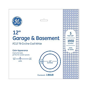 GE Lighting FC12 T9 Garage & Basement Circline Fluorescent Light Bulb, Cool White Finish, 32-Watt, 1950 Lumen, 12-Inch Circular Diameter, 1-Pack