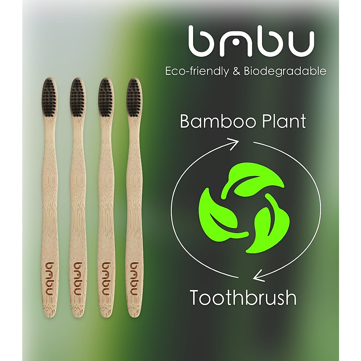 bmbu Bamboo Toothbrush 4 Pack - Medium/Soft Charcoal Bristles Tooth Brushes Wooden Handle - BPA Free, Eco Friendly, Vegan Product Gift Idea, Sustainably Grown in Recycled Biodegradable Packaging