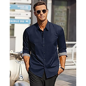 COOFANDY Mens Shirt Slim Fit Dress Business Plaid Button Down Collar, Navy Blue, Large, Long Sleeve