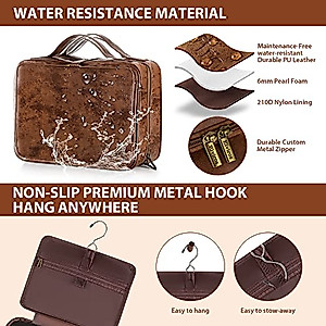 Elviros Hanging Travel Toiletry Bag for Men, 3 In 1 Large Makeup Bag Organizer for Women, Water-resistant PU Leather Dopp Kit Shaving Bag for Bathroom Toiletries, Cosmetics (Dark Brown)
