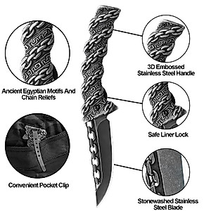 iWrot Chain Pocket Knife for Men, 3.5 inch Flipper Folding Knives with Assisted Opening,Black Cool knives with 3D Pattern Steel Handle,Personalized Pocket Knives for EDC,Knife Gifts For Men