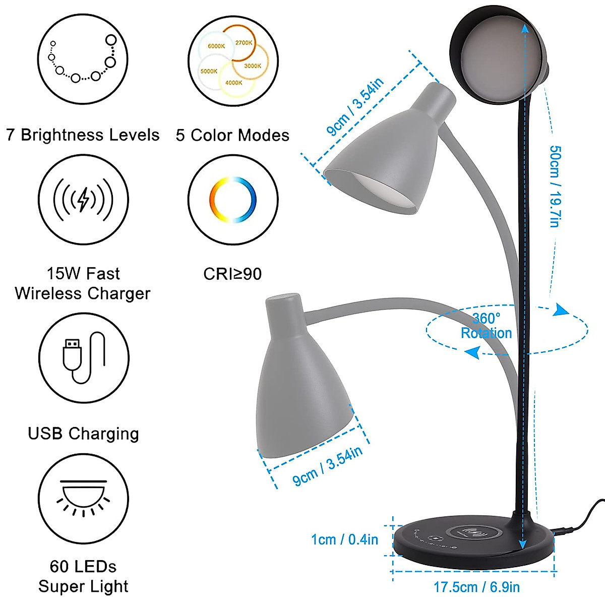 KAiSnova Desk Lamp with Wireless Charger & USB Charging Port, 60 LED Desk Lamps for Home Office, 5 Color & 7 Levels Brightness Touch Control Table Lamp, Gooseneck Desk Lamps for Bedroom Bedside Dorm