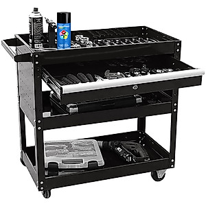 Tooremine 3 Tier Rolling Tool Cart, 330 lb Capacity Utility Cart, Metal Service Tool Cart with Drawer and Lock, Tool Storage Cart for Garage Warehouse Workshop Repair Shop (Black)