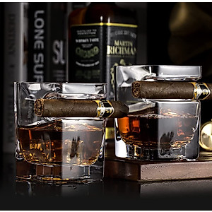 Whiskey gift set for men cigar glasses gift set of 2 Old Fashioned Square Glasses with intended cigar rest, Granite Chilling Rocks, Tongs, Velvet Pouch and cigar Cutter. gift set for men, dad, husband