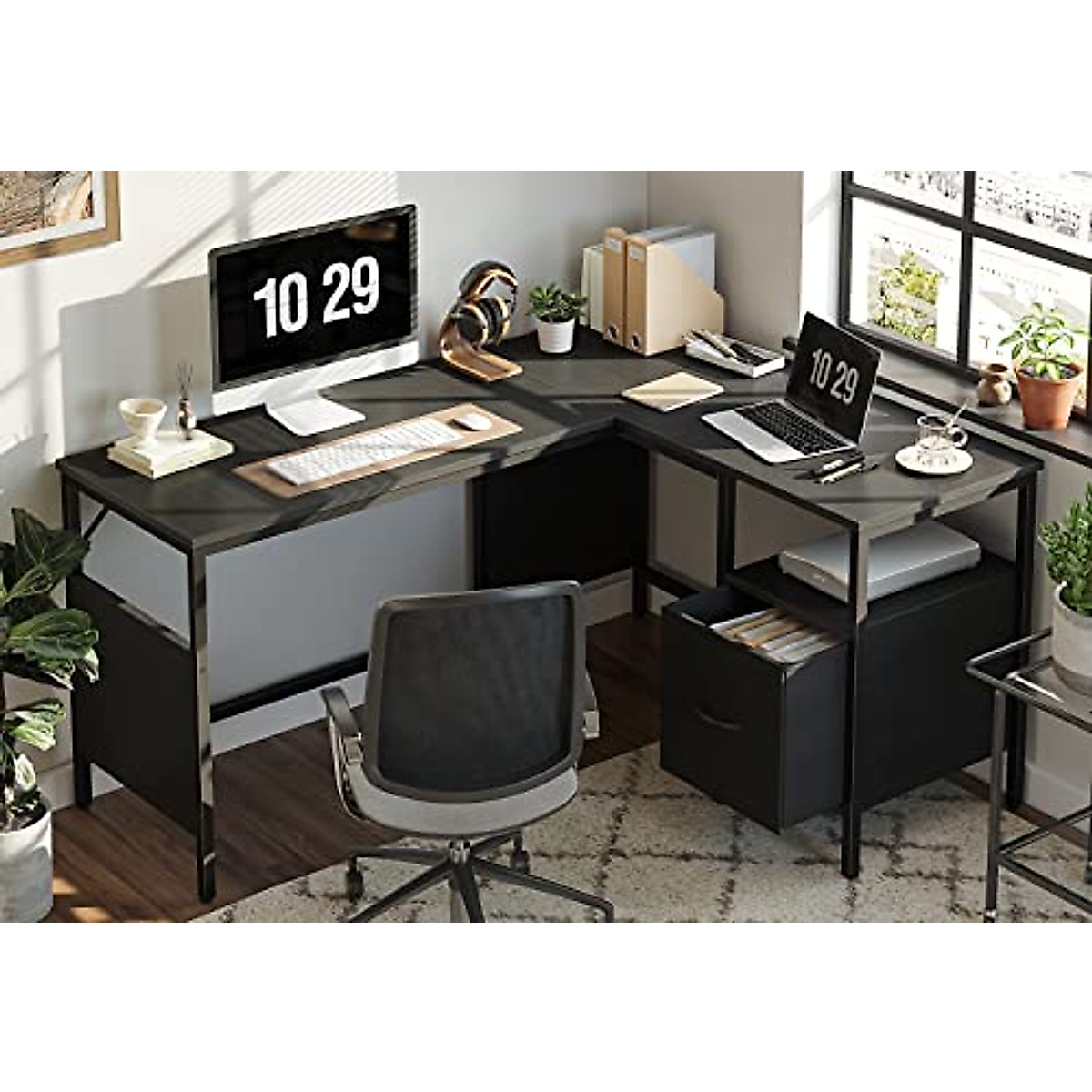 CubiCubi L Shaped Desk with Shelves, 59.1 Inch Corner Computer Desk, Home Office Gaming Writing Workstation with Large Non-Woven Drawer, Black