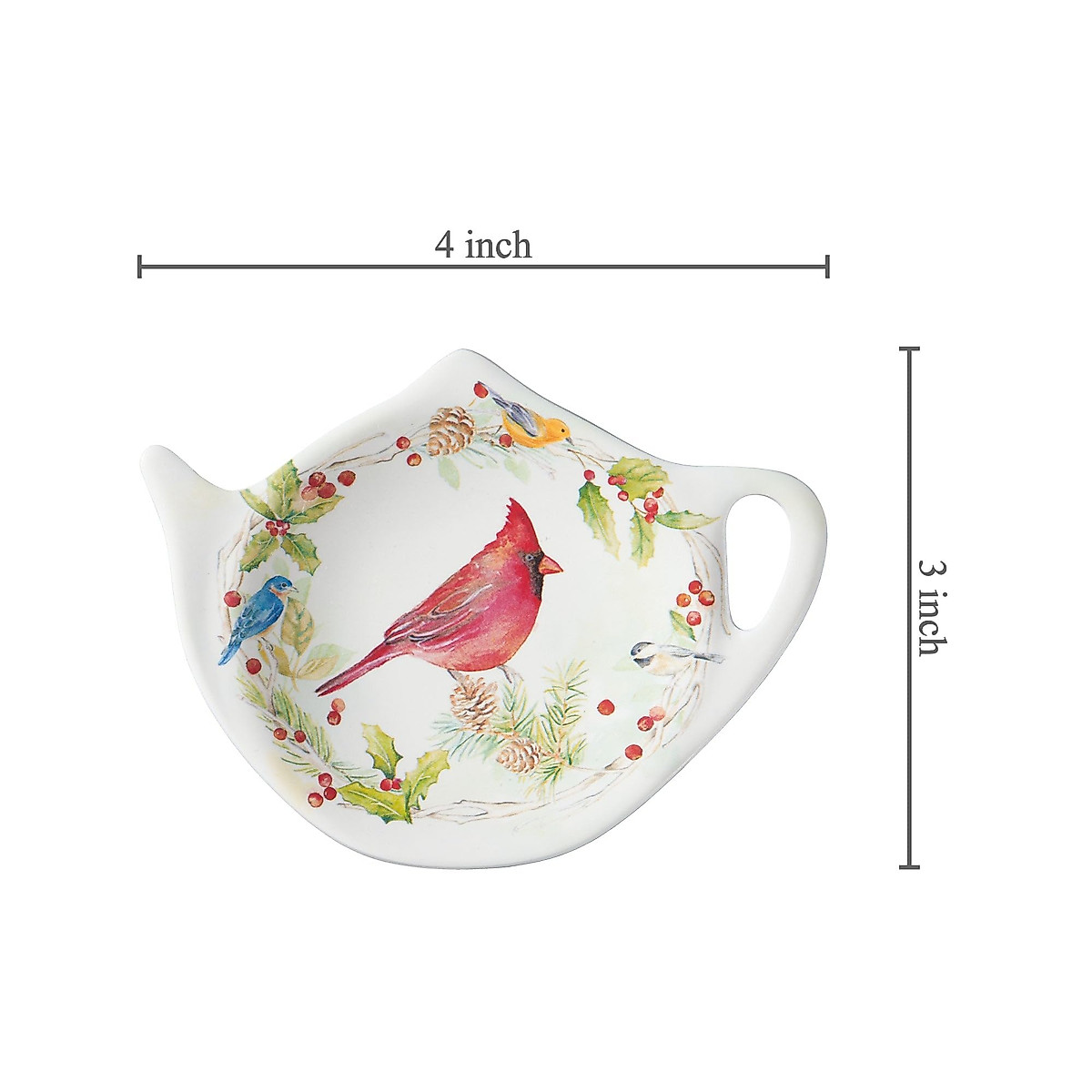 Supreme Housewares Tea Bag Holder Set of 4, Teapot Shaped Tea Bag Coasters Spoon Rests Saucer Seasoning Dish Set Teabag Holder (Winter Birds)