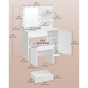 VASAGLE Vanity Desk with Mirror and Lights, 35.4-Inch Wide Makeup Vanity with Upholstered Vanity Stool, Power Outlets, Dimmable LED Lights, Storage Drawer, for Bedroom, Cloud White URDT128W01
