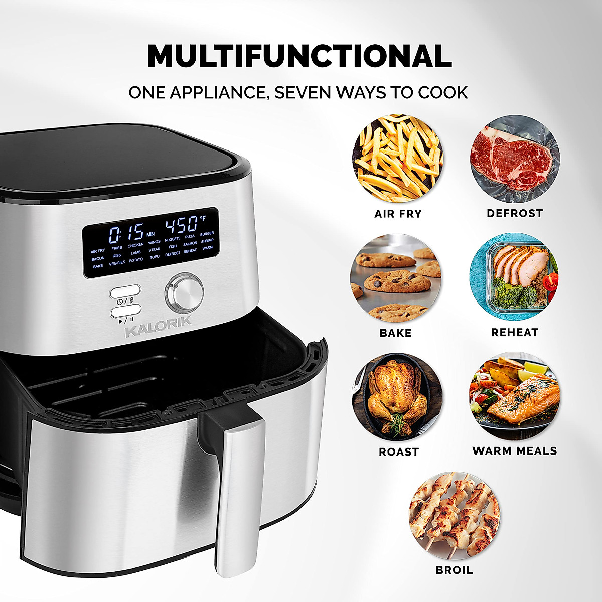 Kalorik MAXX® Digital Air Fryer FT 47823 BKSS | 6-Quart Oilless Air Fryer with 7 Cooking Functions | LED Display | 21 Smart Presets | 5 Dishwasher-Safe Accessories & Bonus Recipe Book | Nonstick Air Frying Basket  | 1750W | Stainless Steel & Black