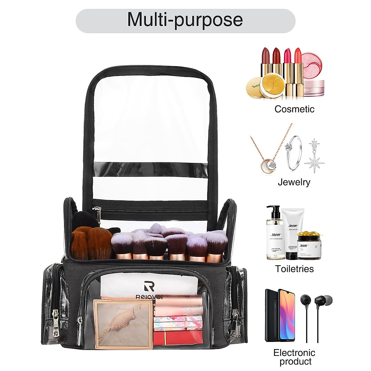 NAONAYA Makeup Brush Case, Large Makeup Brush Holder Professional Makeup Artist Travel Case Clear Waterproof Cosmetic Organizer Bag, Full Open Easy to Access, with Adjustable Strap and Dividers