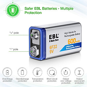 EBL 9V Rechargeable Batteries Lithium ion 9V 600mAh Batteries 600mAh (5 Packs) with 5 Bay 9V Battery Charger 2A Input for Smoke Alarm Detectors