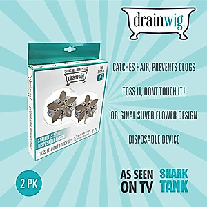 DrainWig Shower Drain Hair Catcher, Disposable Drain Protector, Silver Flower, 2 Pack
