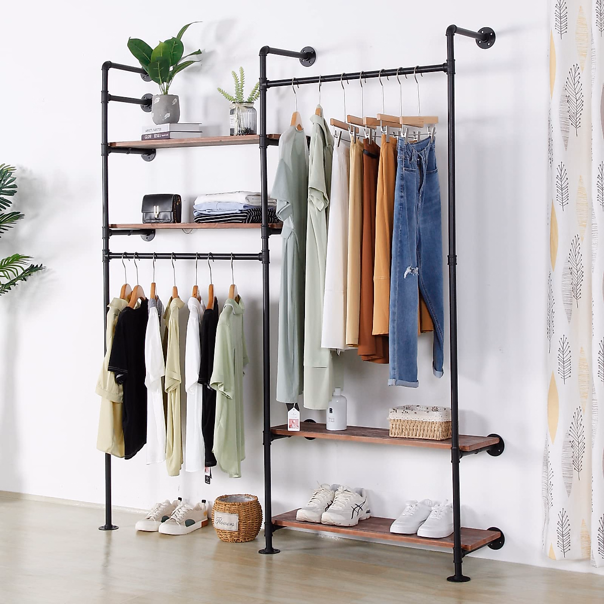 EDCB Industrial Pipe Double Hanging Rods Clothing Rack with 4 Tier Shelves, Heavy Duty Garment Rack Display Rack On Wall for Hanging Clothes Retail Display, Black