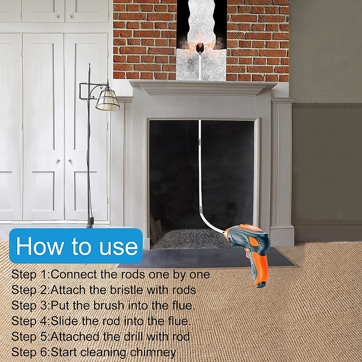 VEJESIME Chimney Brush, 33ft Chimney Sweep Kit, Chimney Cleaning Kit with 10 Nylon Flexible Rods, Electrical Rotary Drill Drive Sweeping Cleaning Tool Kits for Sweeping Fireplace (10 Rods)